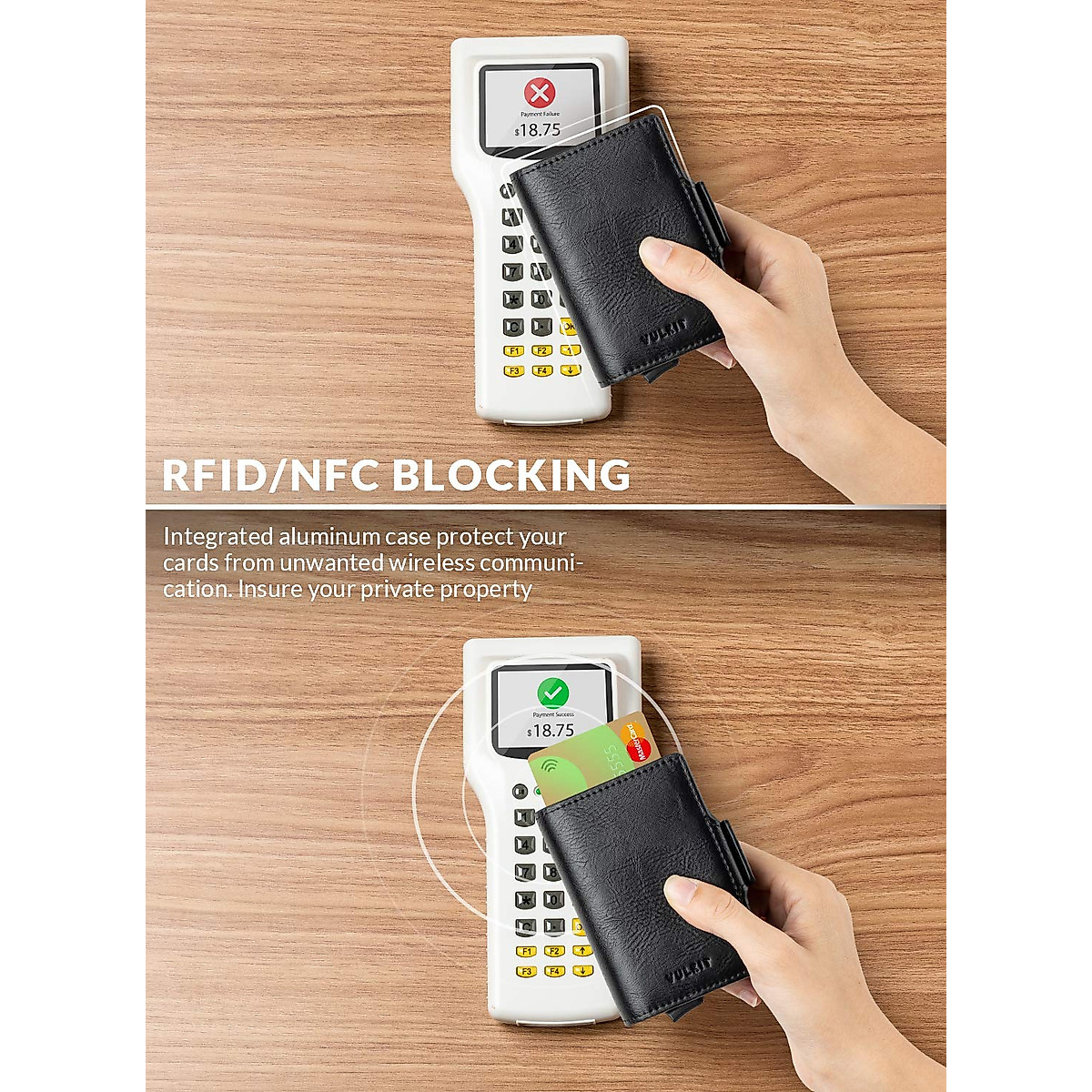 VULKIT Credit Card Holder RFID Blocking Leather Automatic Pop Up Wallet Magnetic Wallet Double Card Case for Men and Women Cross Black