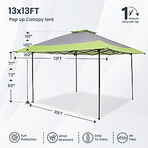PHI VILLA Easy Set-up 13x13 Pop Up Canopy Gazebo Outdoor Tent Portable 169 sq.ft Sun Shade, Green