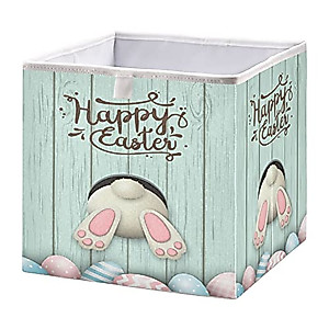Kigai Cute Easter Bunny Cube Storage Bin, 11x11x11 in Collapsible Fabric Storage Cubes Organizer Portable Storage Baskets for Shelves, Closets, Laundry, Nursery, Home Decor