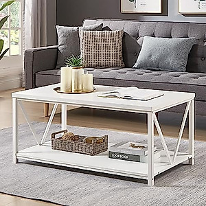 EXCEFUR Rustic Coffee Table, Modern Living Room Table with Storage Shelf, White Oak