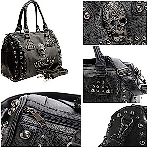 Women Skull Handbag Tote Purse Large Capacity Gothic Shoulder Bag with Strap Studded Doctor Handbag, Black