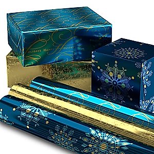 Hallmark Foil Holiday Wrapping Paper with Cut Lines on Reverse (3 Rolls: 60 sq. ft. ttl) Elegant Navy Blue and Gold for Christmas, Hanukkah, Weddings, Graduations