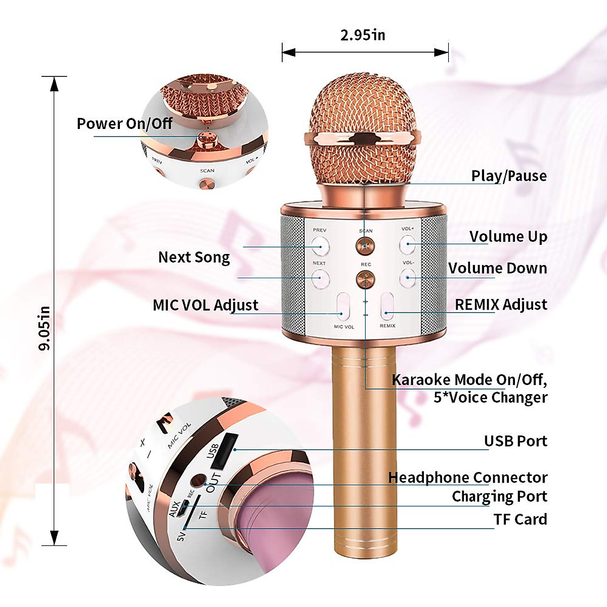 huxspoo Wireless Bluetooth Karaoke Microphone,Rechargeable Kids Microphone Karaoke Machine - Best Gifts for Kids Adults (Rose Gold)