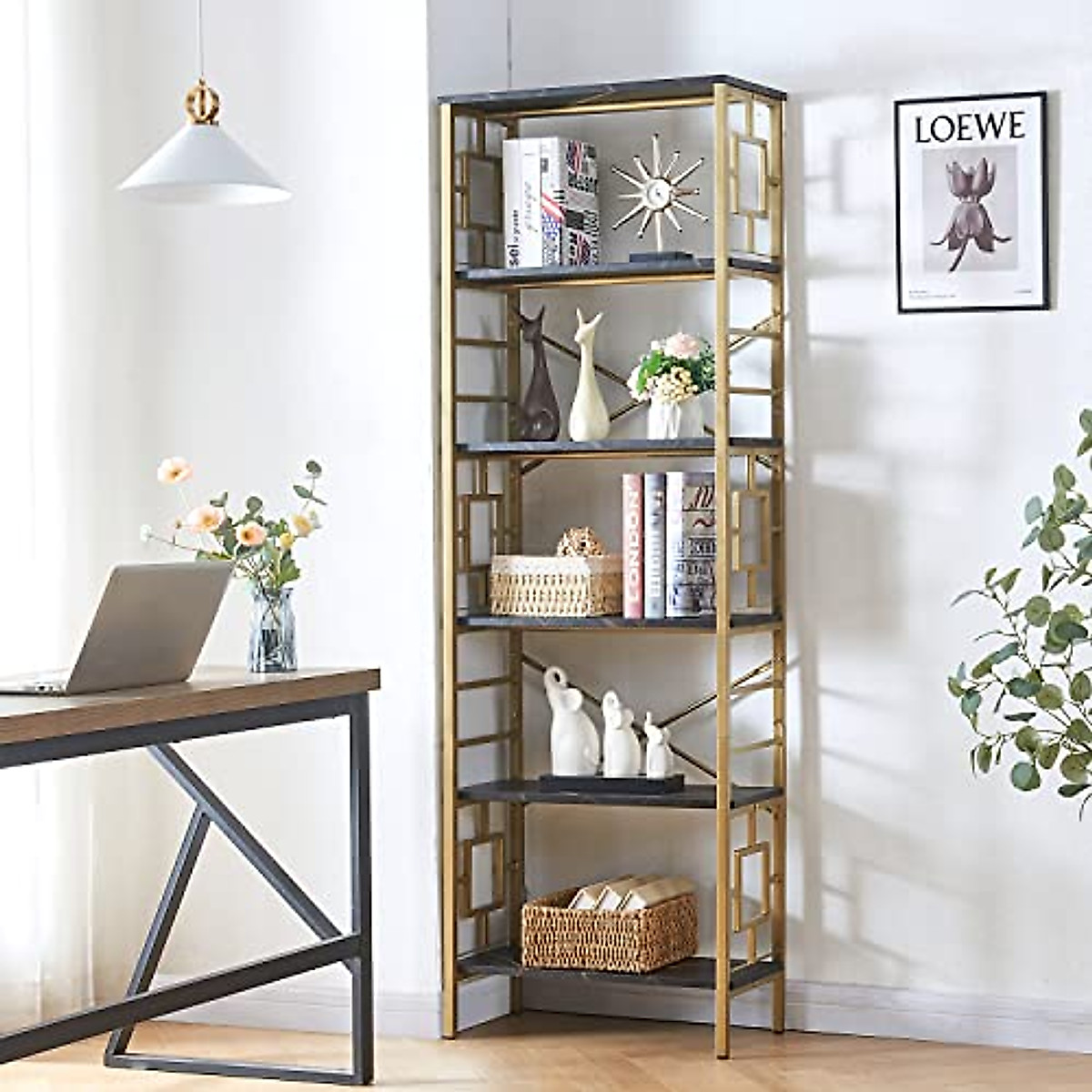 HOMISSUE Bookcase,6-Tier Tall Bookshelf Metal Bookcase and Bookshelves, Free Standing Storage Modern Bookshelf for Home Office Living Room and Bedroom, Black & Gold