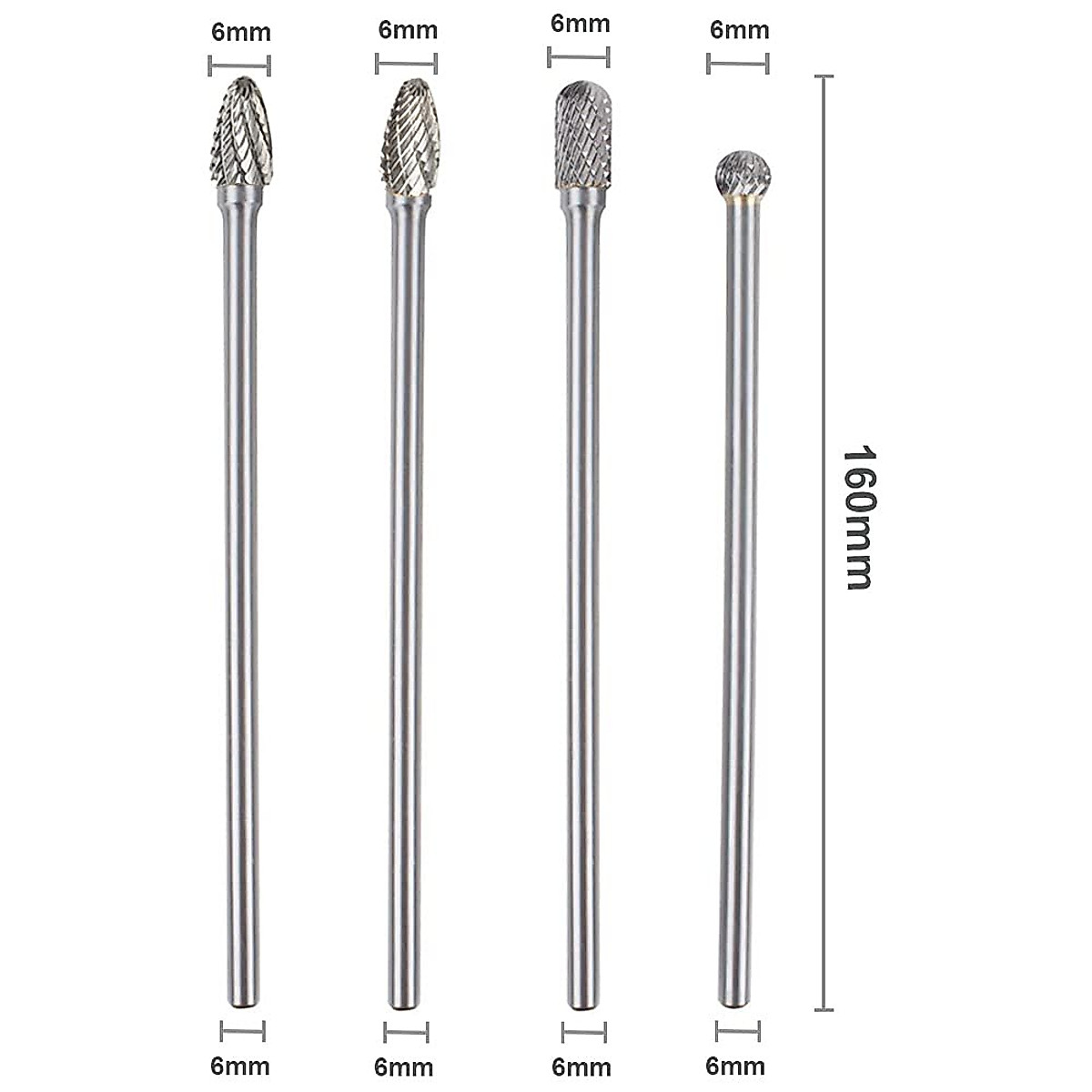 AYSUM 6-Inch Long Carbide Rotary Burr Set 6 mm (0.25 inch) Shank Long Reach Double Cut Tungsten Carbide Rotary File Set Fits Rotary Tool for Woodworking Drilling Carving Engraving, 4pcs