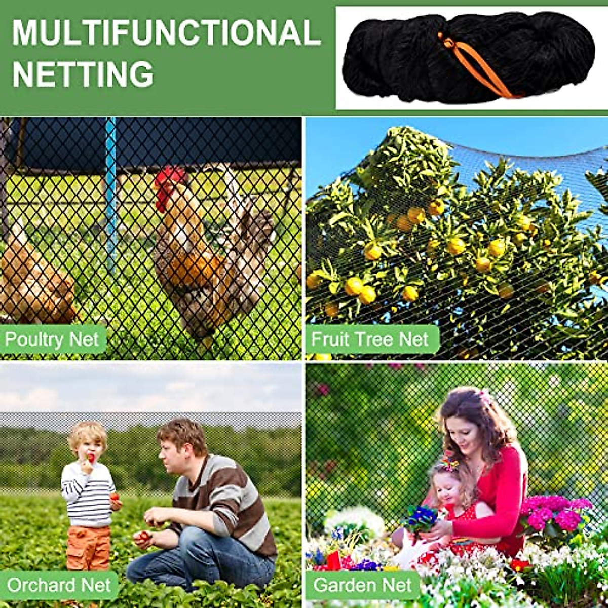 Bird Netting - 25’ x 50’ Garden Netting with 1” Square Mesh as Poultry Netting for Chicken Coop Roof, Heavy Duty Bird Netting for Garden Protection, Nylon Garden Mesh Netting for Fruit Tree, Bushes