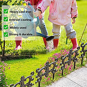 Sungmor 4PC Small Garden Fence 9.4in. Tall Cast Iron Picket Fence, Heavyweight Outdoor Landscape Edging Low Border, Pretty Antique Brown Pattern, Stake Decorative Metal Fence Panel for Lawn Flowerbeds