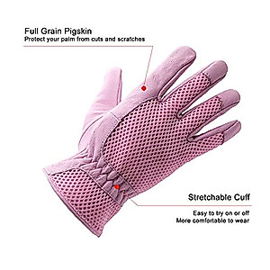 HLDD HANDLANDY Women Gardening Gloves with Grip, Leather Work Gloves Women, 3D Mesh Breathable Rose Garden Gloves (Medium, Pink)