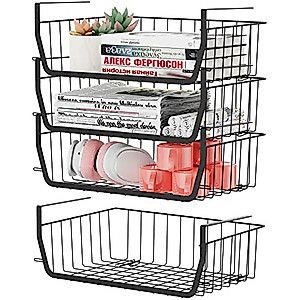 Under Shelf Basket, Veckle 4 Pack Stackable Under Cabinet Storage Space Saving Hanging Basket Easy to Install Pantry Organizer for Kitchen Bookshelf Cupboard, Black