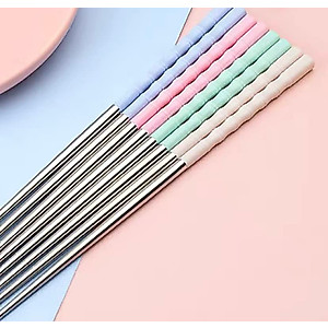 4 Pairs Chopsticks, Household Creative Tableware, Stainless Steel Chopsticks, Outdoor Portable Tableware Chopsticks Food Sticks With Wheat Straw, 7.46in (Pink)