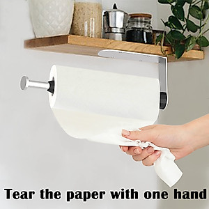 Paper Towel Holder Under Cabinet Wall Mount Paper Towel Holders with Damping Kitchen Under Counter Paper Towels Rack with Self-Adhesive and Screw One-Handed Operation for Kitchen Bathroom
