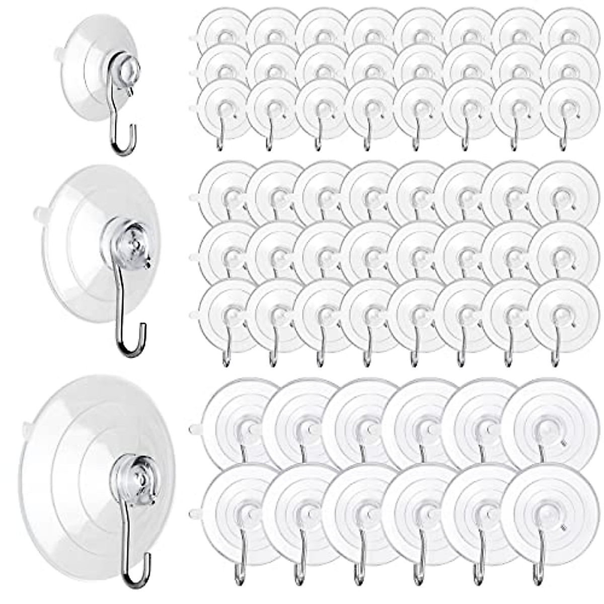 Roowest 60 Pcs Suction Cup Hooks Window Suction Cups with Hooks Clear Removable Wall Hooks Suction Cup Hangers for Glass Window Door Wall Mirror Wreath Loofah Tile, 12 Large, 24 Medium, 24 Small