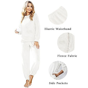 Ekouaer Women Fleece Pajama Sets Long Sleeve Tops and Pants PJ Sets Joggers Plush Loungewear Sleepwear White Large