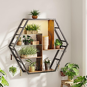 Saudism Floating Shelves with Lights, Led Shelves for Wall, Gaming Room Decor Display Shelf, Lighted Bar Shelves, Extra Hanging Hooks Storage, Sturdy Fast Assembly Great Weight Capacity-Rustic Brown