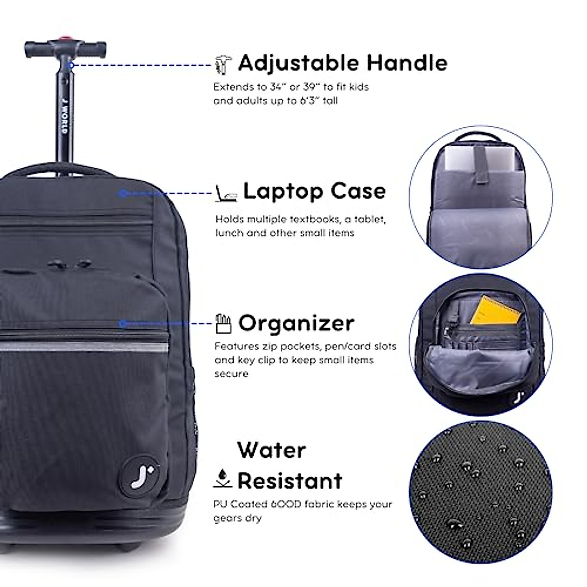 J World New York Sundance Rolling Backpack Girl Boy Roller Bookbag, Black, 20 Inch