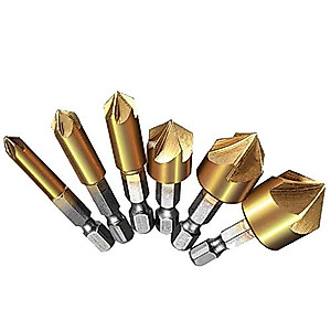 Y-imoi - Countersink Drill Bit Countersink Drill Bit Set 6 Pcs 1/4'' Hex Shank Titanium Plated HSS 5 Flute Countersink 90 Degree Center Punch Tool Chamfer Bit Sets for Wood Quick Change Bit 6mm-19mm