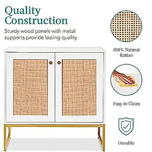 Best Choice Products 2-Door Rattan Storage Cabinet, Accent Furniture, Multifunctional Cupboard for Living Room, Hallway, Kitchen, Sideboard, Buffet Table w/Non-Scratch Foot Pads - White