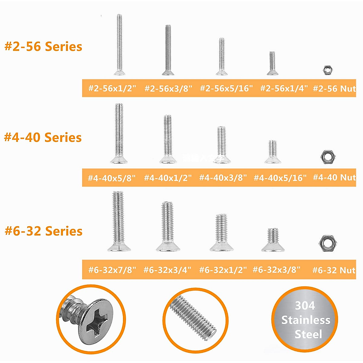Elantek #2-56#4-40#6-32 UNC Stainless Steel Phillips Flat Head Countersunk Machine Screws Nuts Assortment Kit