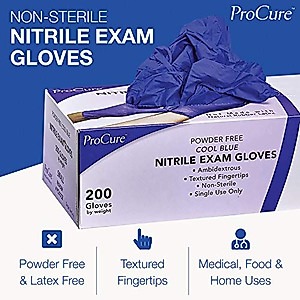 ProCure Disposable Nitrile Gloves Medium, 200 Count - Powder Free, Rubber Latex Free, Medical Exam Grade, Non Sterile, Ambidextrous - Soft with Textured Tips - Cool Blue