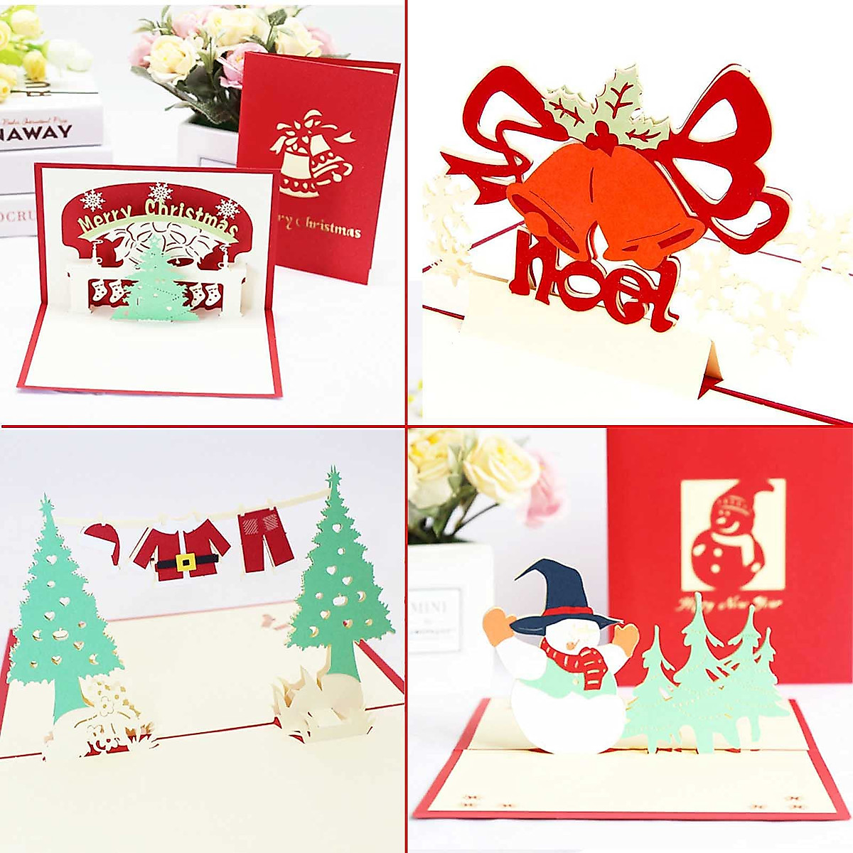 HILUCK 3D Pop Up Christmas Greeting Cards, Handmade Cards with Envelope Set of 9, For Chris Holiday- Feature Xmas Tree, Snowman, Reindeer, Santa and Bell