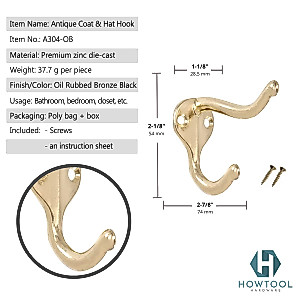 HOWTOOL Coat Hooks for Wall Hanging Heavy Duty Wall Mounted Brass Plated, 5 Pack