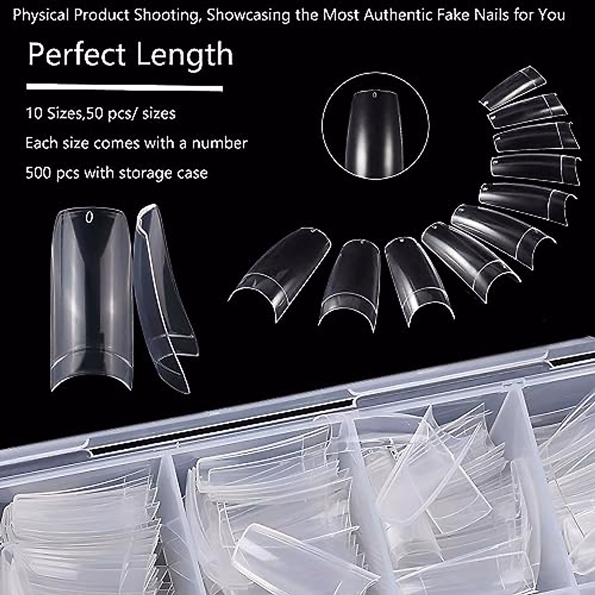 GoLashFun 500PCS French Nail Tips Half Cover,CLear Lady French Style Acrylic Half Square False Nail Art Tips 10 Sizes Artificial Fake Nails for Nail Manicure Salon