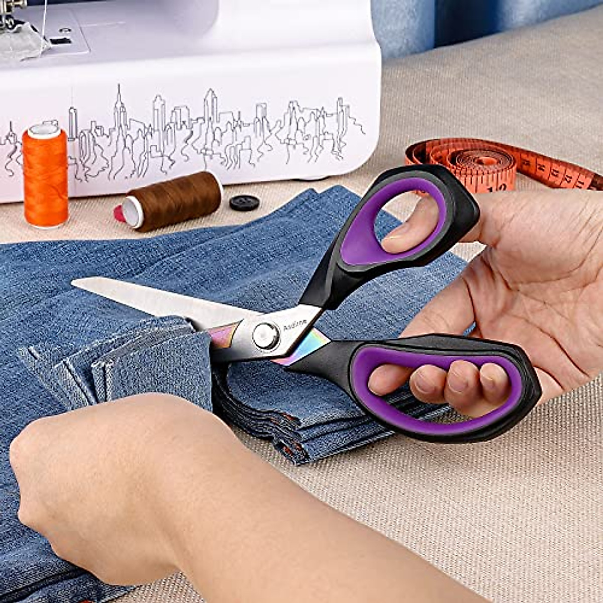 Asdirne Professional Fabric Scissors, Heavy Duty Titanium Coating Sewing Scissors, Ultra-Sharp Blade Fabric Shear, Ergonomic Rubber Handle, Great for Craft, Sewing, Leather Tailor, 9.4”, Black/Purple