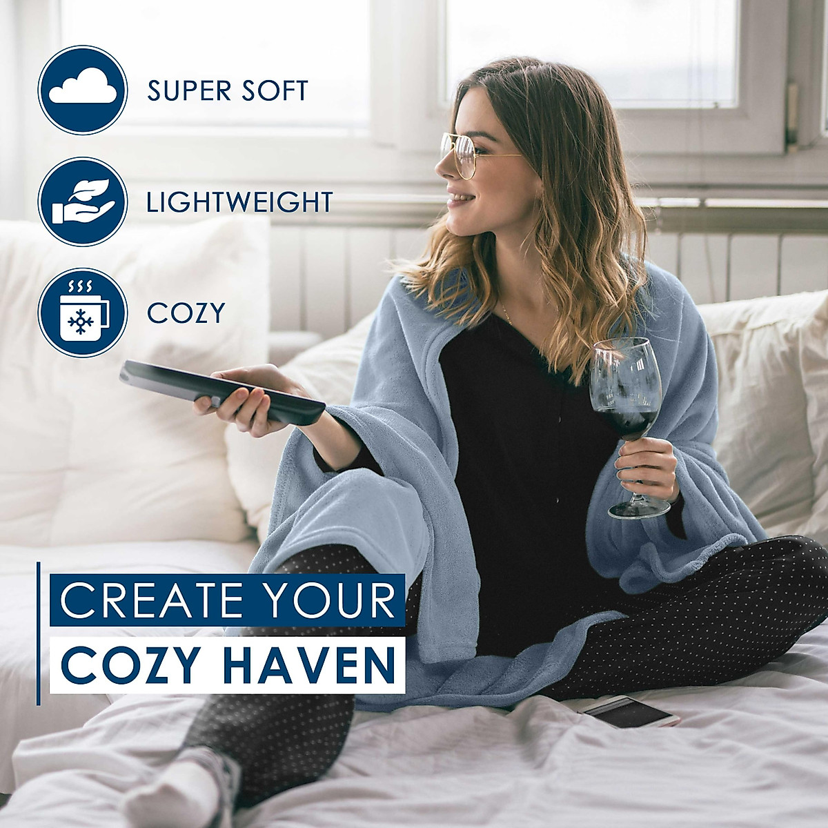 Martex 1B06870 Super Soft Fleece Lightweight Reversible Cozy Warm Sofa Blanket Low Lint Luxury Hotel Style All Seasons Layering Solid Pet Friendly Queen Size Bed and Couch Blankets, Full Queen, Blue