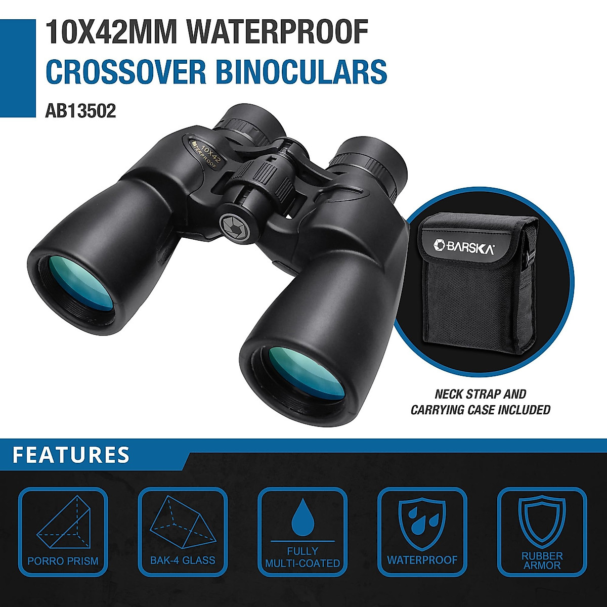 BARSKA AB13502 Crossover 10x42 Waterproof Binoculars for Sports, Boating, Theater, Hunting, etc, Black, One Size