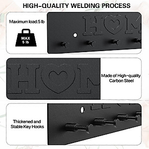 Key Holder Wall Mount, Metal Key Hooks for Wall, Key Hanger with 6 Hooks Keys Rack Organizer Self Adhesive Home Decor for Entryway Front Door Hallway Office, 9.6inch, Matt Black