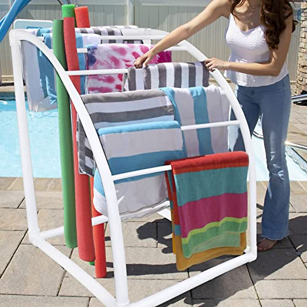7 Bar Curved Outdoor Towel Rack - Free Standing Poolside Storage Organizer - Also Stores Floats, Paddles and Noodles, 37.5" W x 37.5" L x 49.5" H, (White) Style 244574