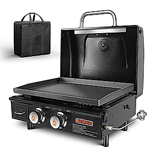 QuliMetal Table Top Grill Portable Griddle with Hood Non-Stick Flat Top Grill Griddle Propane Grill with Carry Bag 22 Inch,24,000 BTU,348 Sq,304 Stainless Steel Burner,Ceramic Coating for Outdoor Camping Party Tailgating
