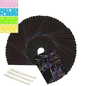 Dilcamrita Scratch Art for Kids, 60 Sheets 7.2 x 5 inch Rainbow Scratch Off Paper with 6 Wooden Stylus for Age 3-12 Kids Black Scratch Art Paper Painting Kits for Birthday Party