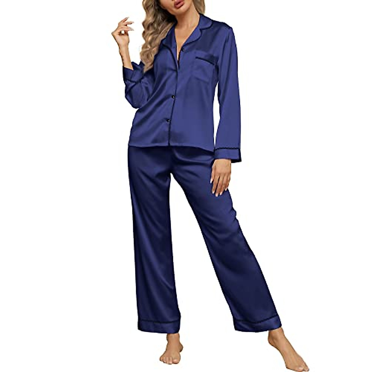 DUWMCON Button Up Pajama Set for Women Silk Satin Long Sleeve Top and Pajama Pants Sleepwear Soft Pjs Lounge Sets Navy Blue XL