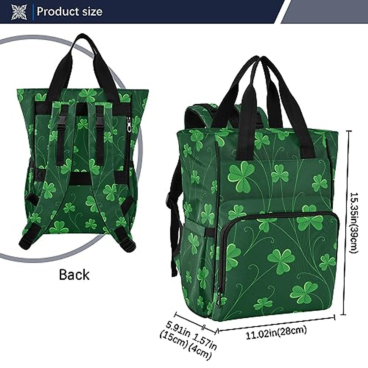 Clover St Patricks Diaper Bag Backpack for Baby Boys Girls Multifunction Baby Essentials Travel Tote with Stroller Straps & Bottle Storage Baby Diaper Bag for Dads Moms Hiking Shopping Traveling