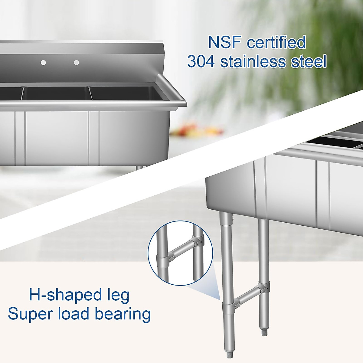 HARDURA Stainless Steel Kitchen Sink With 3 Compartments, Commercial Sink Freestanding NSF Certified Utility Basin 10" L X 14" W X 10" D Bowl For Kitchen & Restaurant, Laundry Room