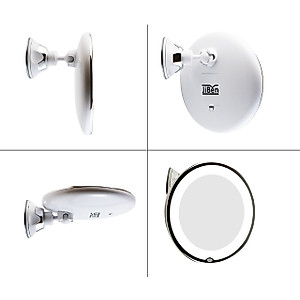 JiBen LED Lighted 10X Magnifying Makeup Mirror with Power Locking Suction Cup, Bright Diffused Light and 360 Degree Rotating Adjustable Arm, Portable Cordless Home and Travel Bathroom Vanity Mirror
