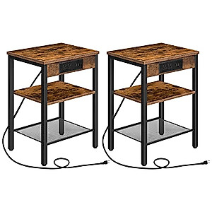 HOOBRO End Table Set of 2 with Charging Station and USB Ports, 3-Tier Nightstands with Adjustable Shelf, Narrow Side Table for Small Space in Living Room, Bedroom and Balcony, Rustic Brown BF112BZP201