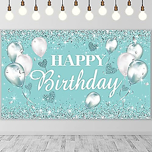 Teal Birthday Party Supplies Turquoise and Silver Birthday Backdrop Banners Turquoise Giltter Birthday Background for Women Girls Photography Birthday Photo Booth Teal Wall Decorations 5.9 x 3.6 Feet