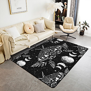 Gothic Moth Area Rug 5x7, Skeleton Halloween Boho Death Moth Decor Rug, Animal Skeleton Skull Carpet Runner Non Slip, Bohemian Sun and Moon Area Rugs for Bedside Living Room Dining Room Under Table