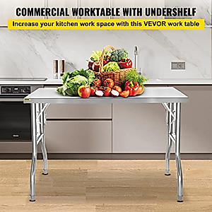 VEVOR 48 x 30 Inch Folding Commercial Prep Table Commercial Worktable Workstation, Heavy-Duty Stainless Steel Folding Table with 220 lbs Load, Silver Stainless Steel Kitchen Island，Kitchen Work Table