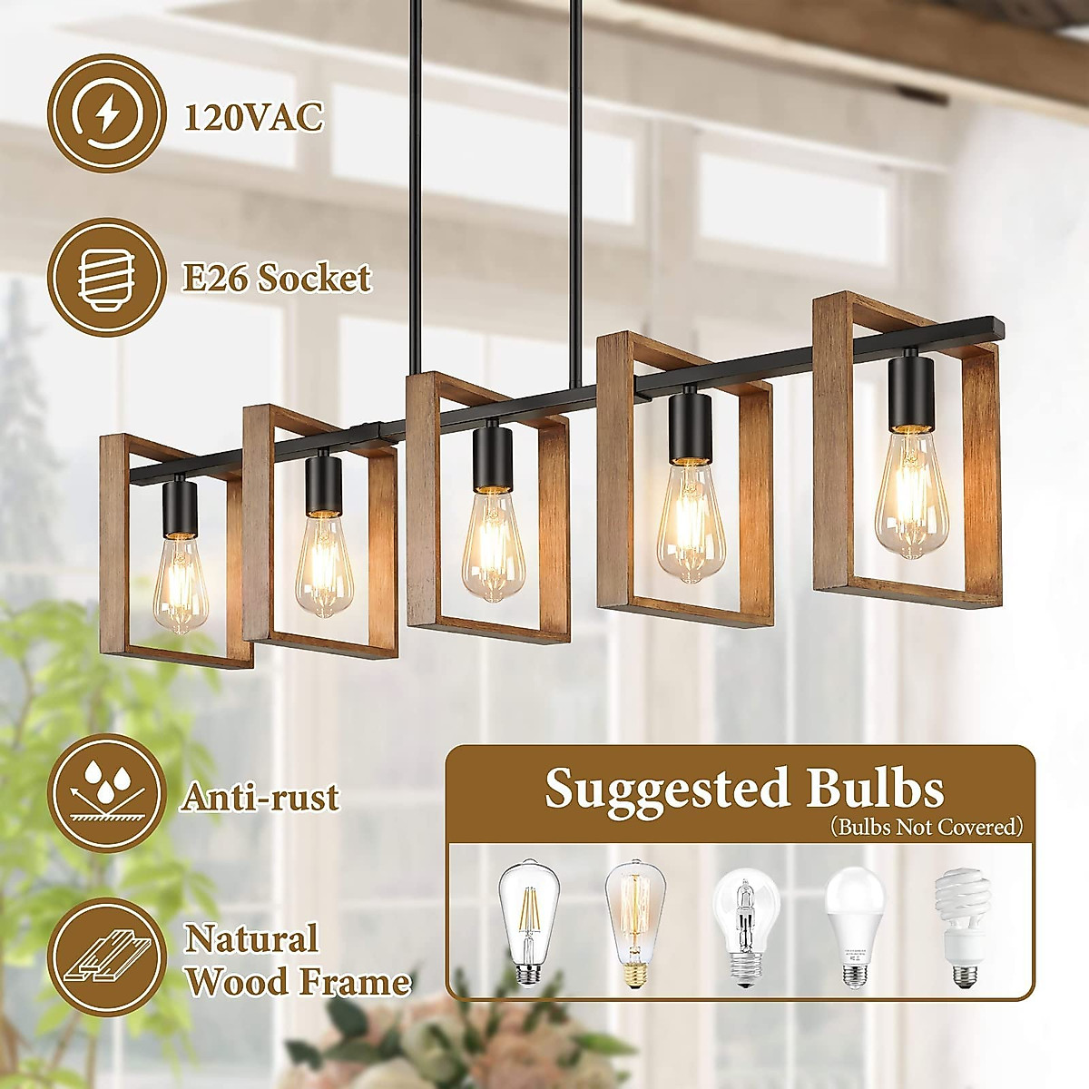 53’’ Farmhouse Kitchen Island Lighting, 5-Light Adjustable Dining Room Light Fixtures, Rustic Wood Chandeliers Black Hanging Light Fixtures for Kitchen, Pool Table Lights, Bulbs Not Included