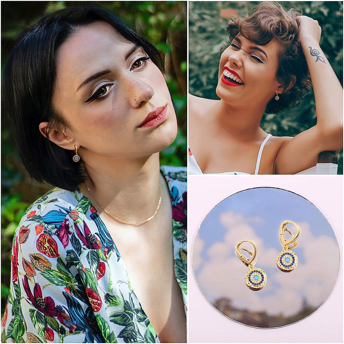 PEARLADA 18K Gold Round Evil Eye Dangle Hoop Earrings for Women Small Micro-inlaid Cubic Zirconia Charm Jewelry Fashion Hammered Coin Earrings