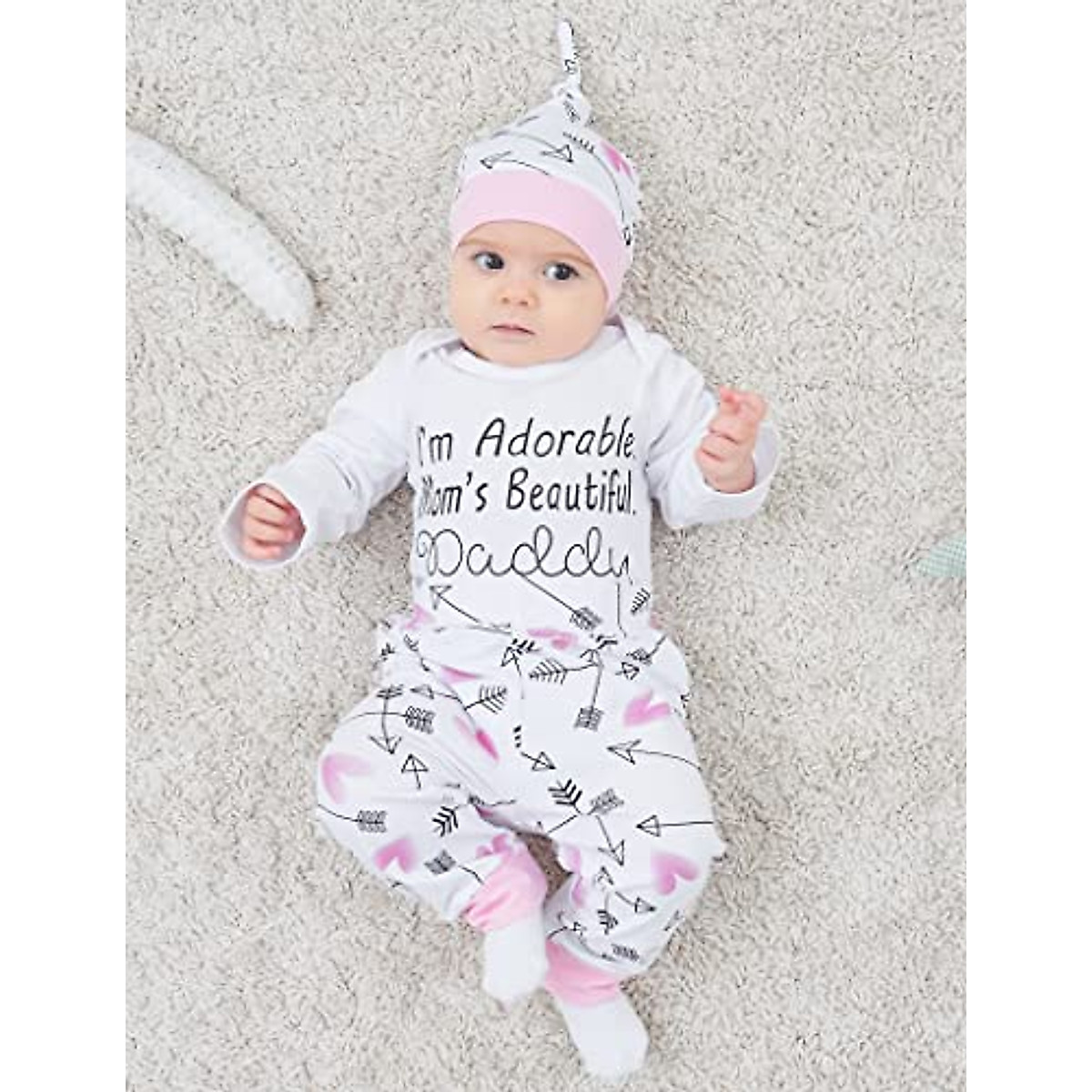 SEYOUAG Baby Girl Clothes Cute Mommy Letter Romper Arrow Heart Pants Newborn Girls Outfits Fall Winter Clothes Set (Adorable Pink, 0-3 Months)