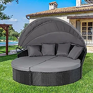 Crownland Outdoor Patio Canopy Bed Round Daybed with Washable Cushions, Clamshell Sectional Seating Wicker Furniture with Retractable Canopy Furniture for Backyard, Porch, Pool Round Bed (Black)