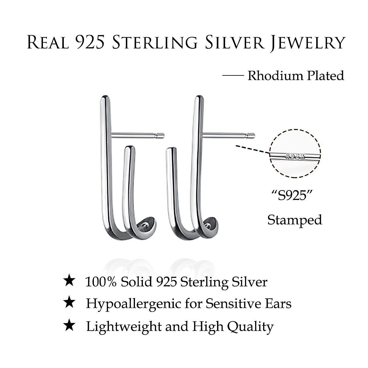 Reffeer Solid 925 Sterling Silver Bar Huggie Stud Earrings Hoops for Women Bar Half Hoop Earrings Open Hoops (A-Silver)
