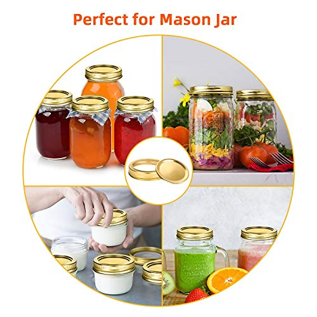 MAEXUS 24 Pcs Canning Lids, 12 Jar Rings + 12 Canning Lids Regular Mouth Mason Jar Lids, Split-Type Metal Mason Jar Lids for Ball, Kerr Jars (Golden)