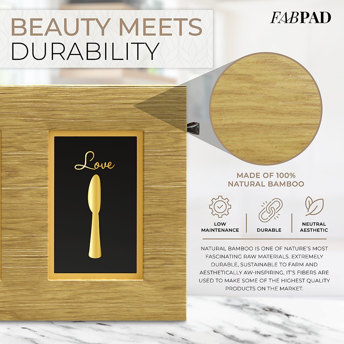 Bamboo Silverware Caddy, Cutlery Holder with Handle - 3 Compartment Utensil Holder and Easy to Clean Spoon Fork Knife Holder - Non-Slip utensil holder for kitchen counter and farmhouse kitchen décor