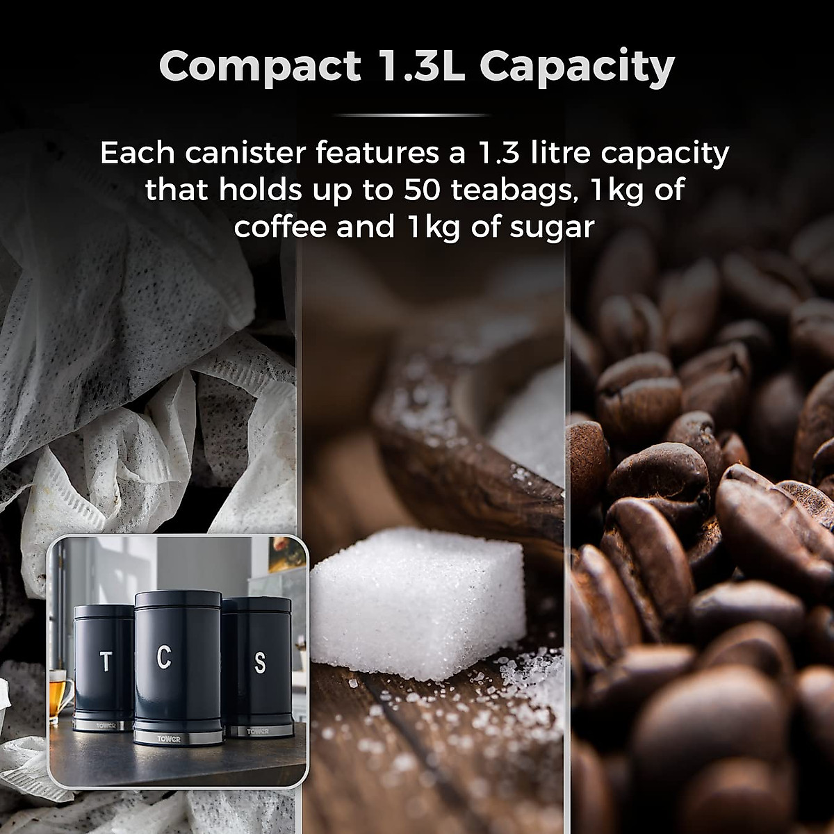 Tower T826171MNB Belle Set of 3 Canisters, Tea/Coffee/Sugar Storage, Midnight Blue