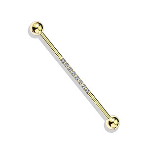 Pierced Owl 14G Stainless Steel CZ Crystal Lined Industrial Barbell (Gold/Clear)